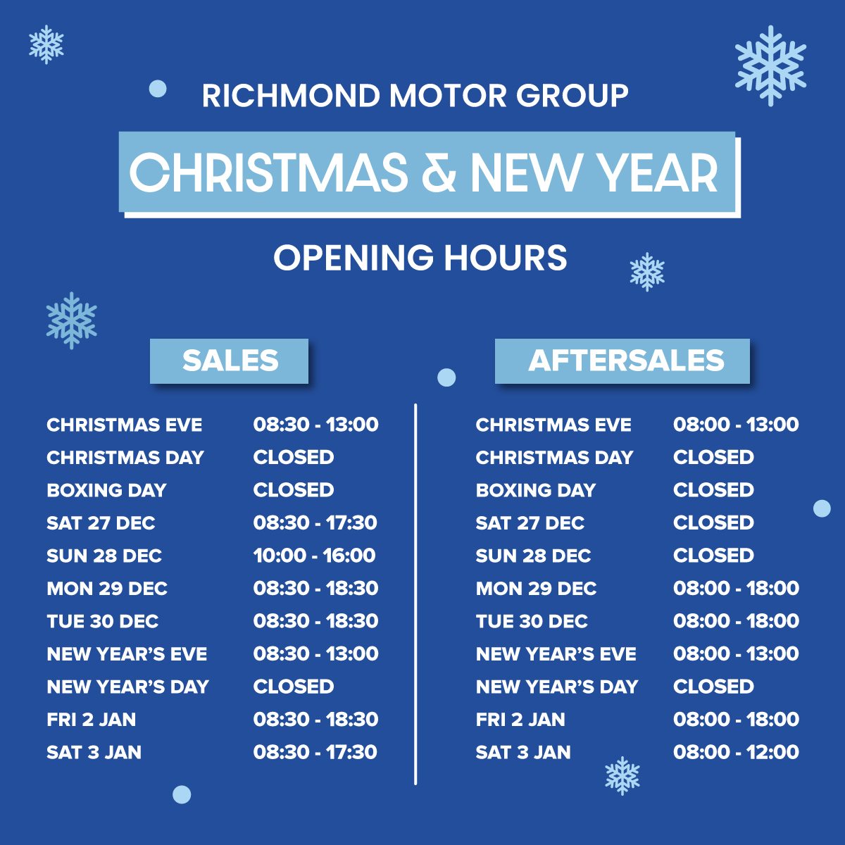 Christmas & New Year Opening Hours | Richmond Motor Group